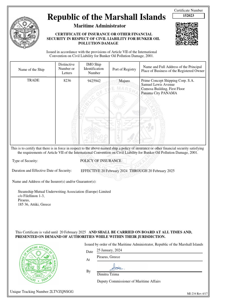 Bunker Oil Pollution Insurance Certificate | PDF | Insurance