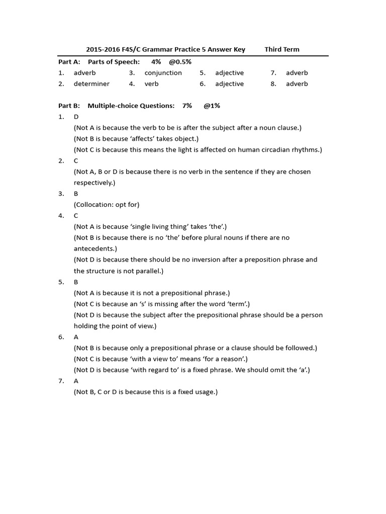 Grammar Practice 5 Answer Key | PDF | Adverb | Preposition And Postposition