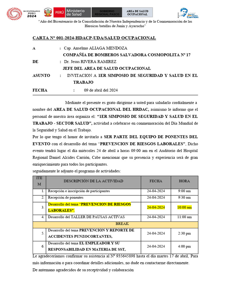 CARTA DE INVITACION A PONENTES | PDF | Seguridad y salud ocupacional ... CARTA DE INVITACION A PONENTES | PDF | Seguridad y salud ocupacional ...