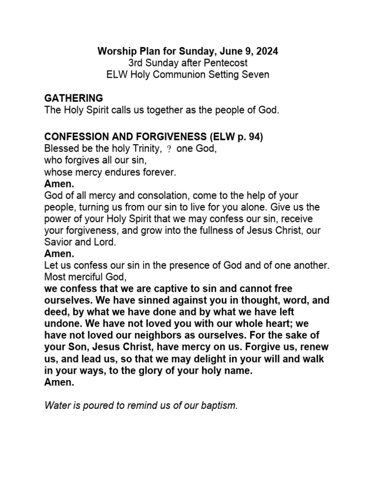 Worship Plan for June 9, 2024 | PDF | Lord's Prayer | Eucharist