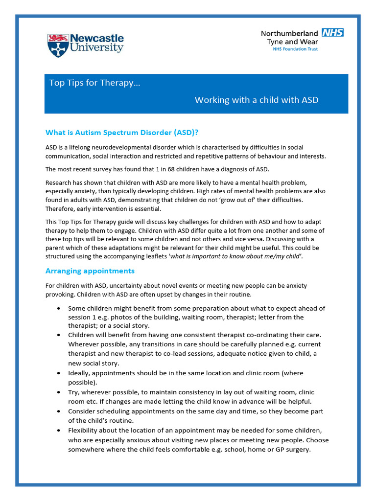 Top Tips For Therapy - NTW Trust Approved | PDF | Autism Spectrum | Anxiety