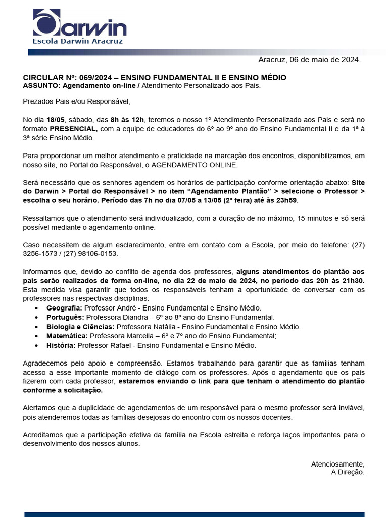 Circular Nº 069-2024 - Agendamento On-Line Atendimento Personalizado Aos Pais - EF e EM. | PDF ...