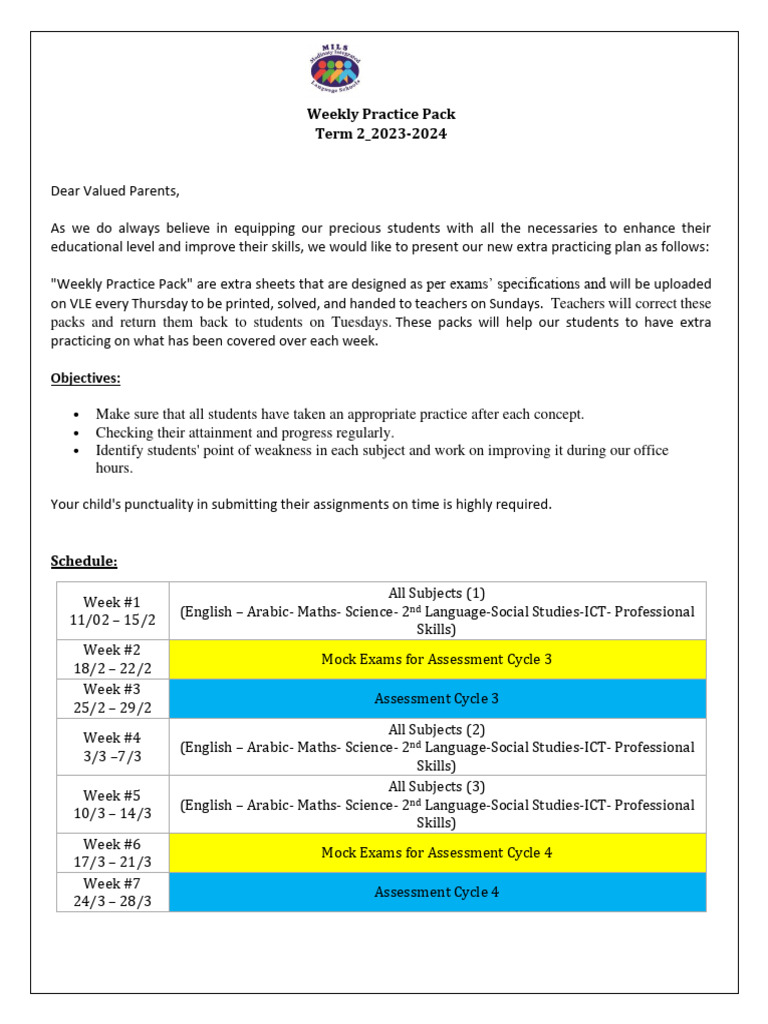 Weekly Practice Pack Term 2 2023-2024 | PDF