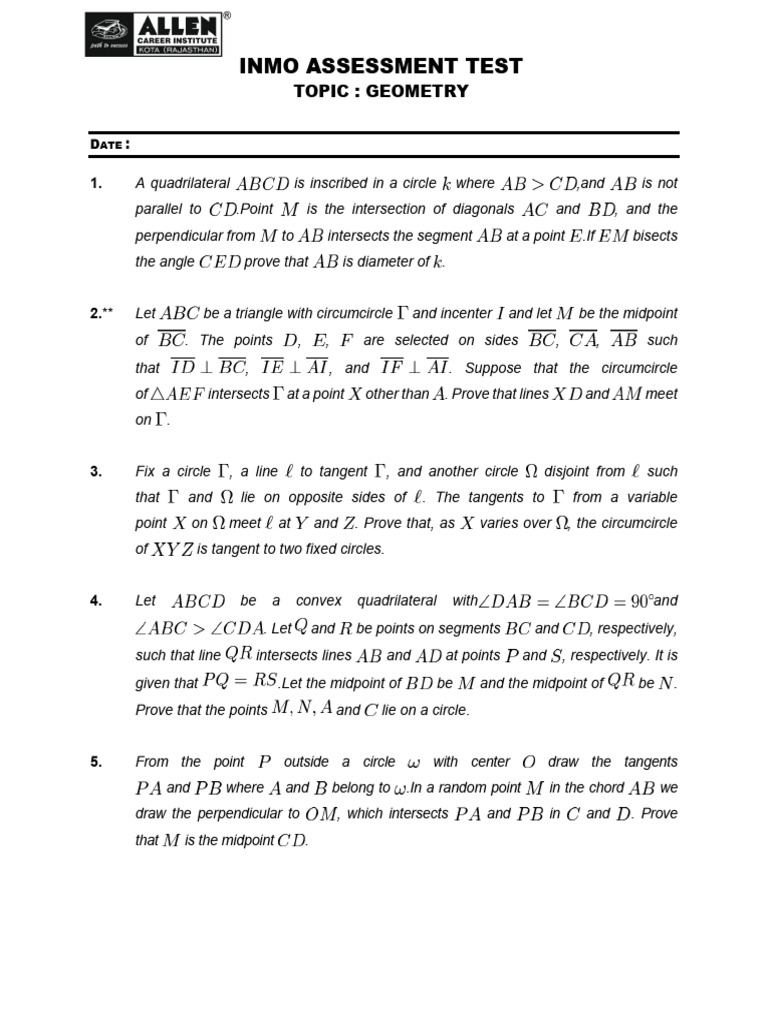 INMO Geometry Assessment Test | PDF | Triangle | Circle