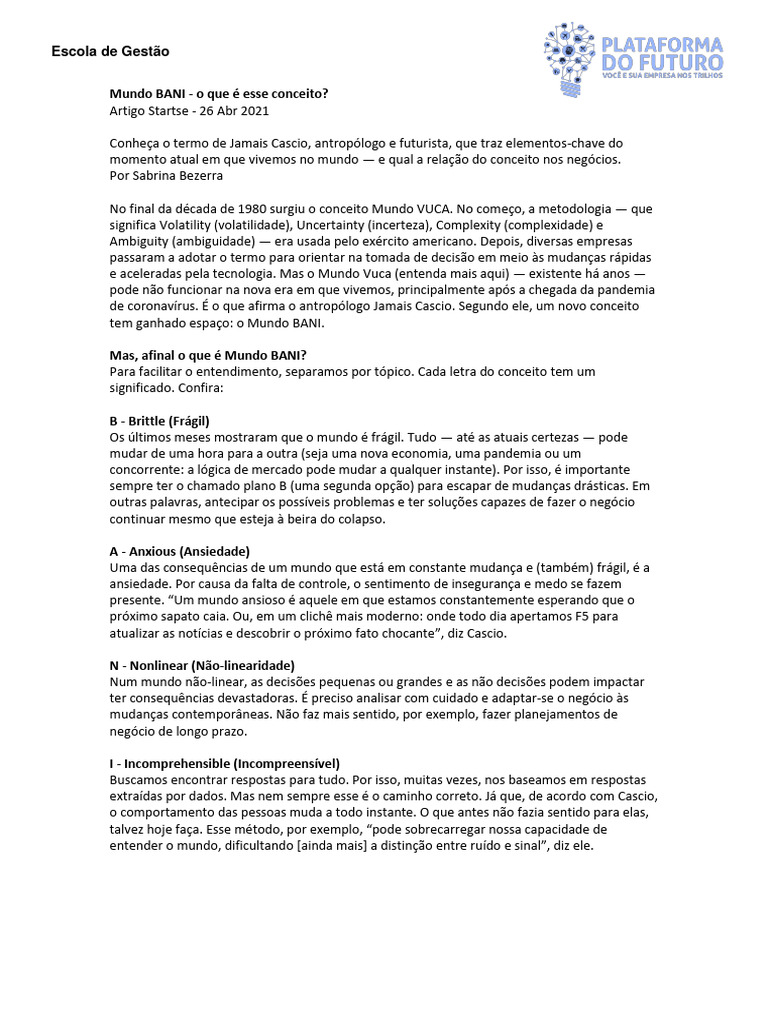 Mundo BANI - o Que É Esse Conceito | PDF | Antropologia