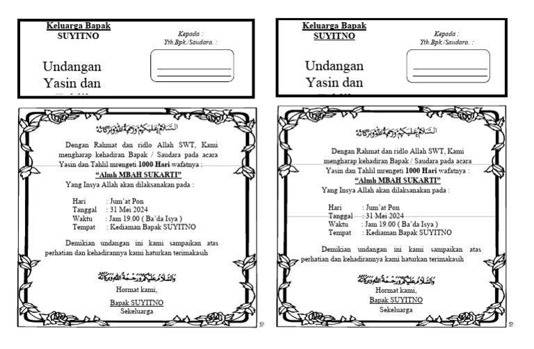 Undangan Yasin dan Tahlil 1000 Hari | PDF