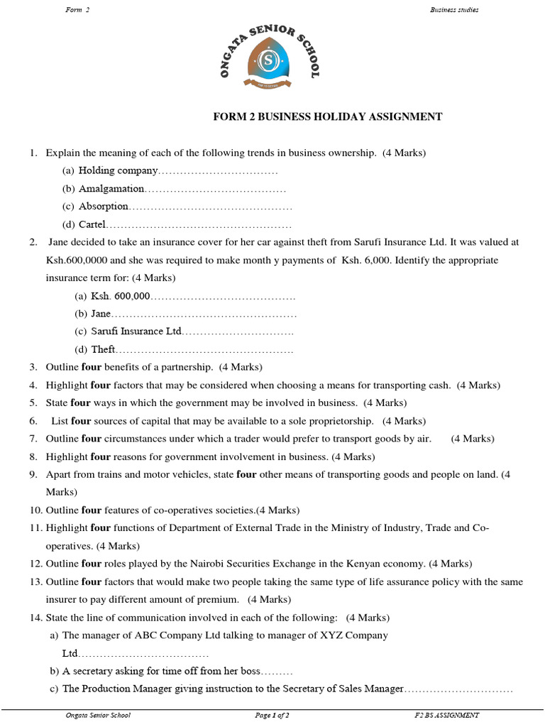 ANSWER ALL The QUESTIONS Assignments - Form 2 - Business Studies | PDF | Life Insurance | Economies