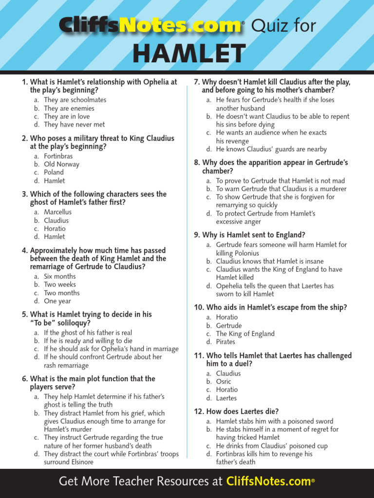 Hamlet: Quiz For | PDF | Hamlet | Shakespearean Tragedies
