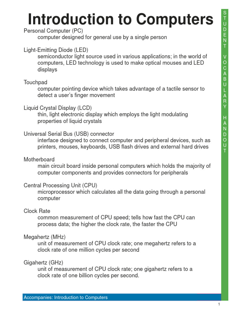 Vocabulary Handout Introduction To Computers | PDF | Computer Data Storage | Read Only Memory