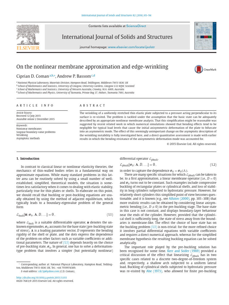 On The Nonlinear Membrane Approximation and Edge-Wrinkling | PDF ...
