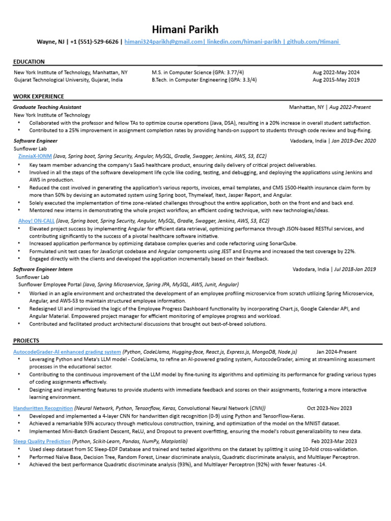 Himani Parikh Resume | PDF | Computing | Computer Science