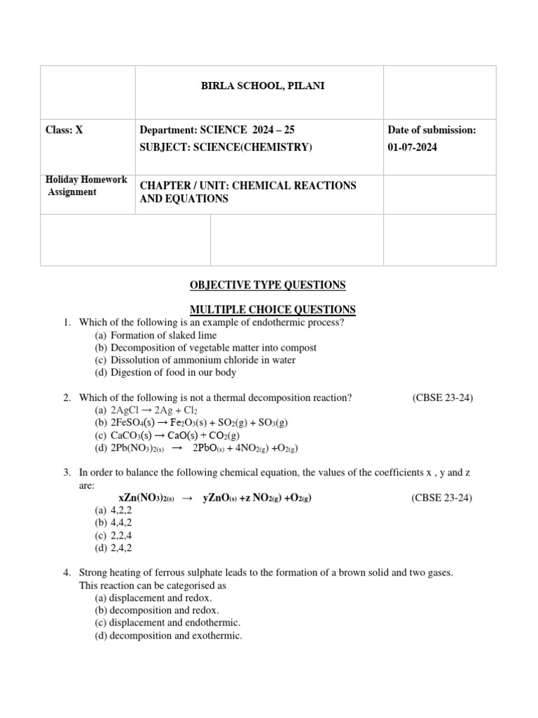 CLASS X - Chemistry Summer Holiday Homework Assignment1 | PDF | Chemical Reactions | Silver