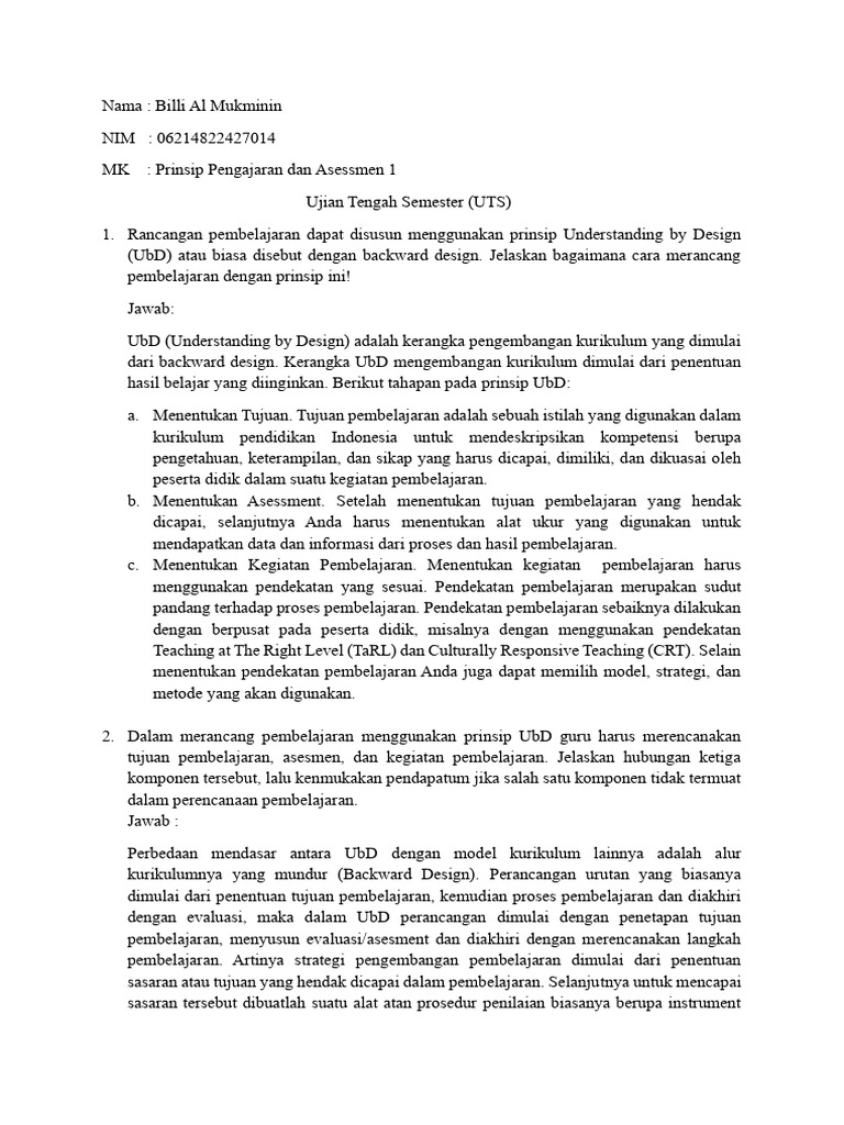UTS Prinsip Pembelajaran Asessmen 1 Billi | PDF | Karier & Perkembangan | Pengembangan Diri