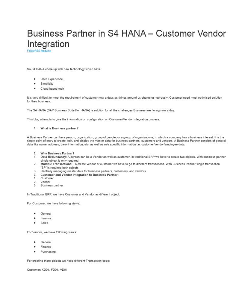 Business Partner in S4 Hana - Customer Vendor Integration: Followrss Feedlike | Download Free ...