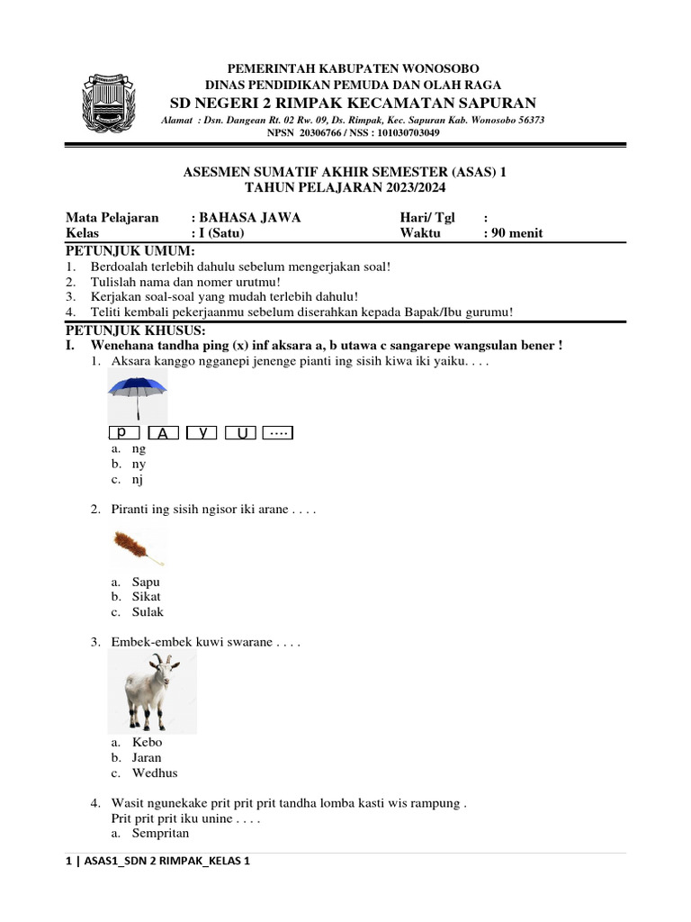 Soal Bahasa Jawa Kls 1 | PDF