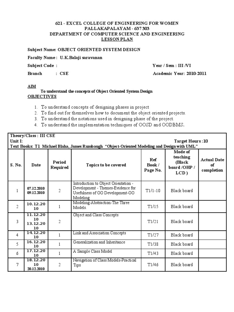 Oosdlesson Plan Cse Iiisem | PDF | Unified Modeling Language | Object ... Oosdlesson Plan Cse Iiisem | PDF | Unified Modeling Language | Object ...