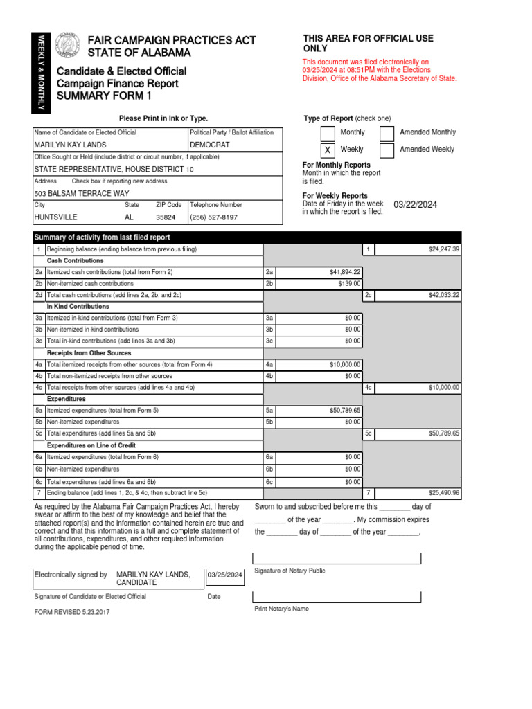 Fair Campaign Practices Act State of Alabama: Please Print in Ink or ...