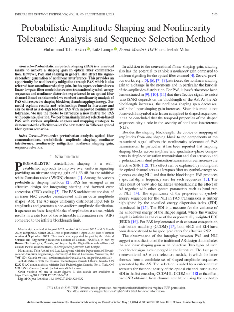 Probabilistic Amplitude Shaping and Nonlinearity Tolerance Analysis and Sequence Selection ...