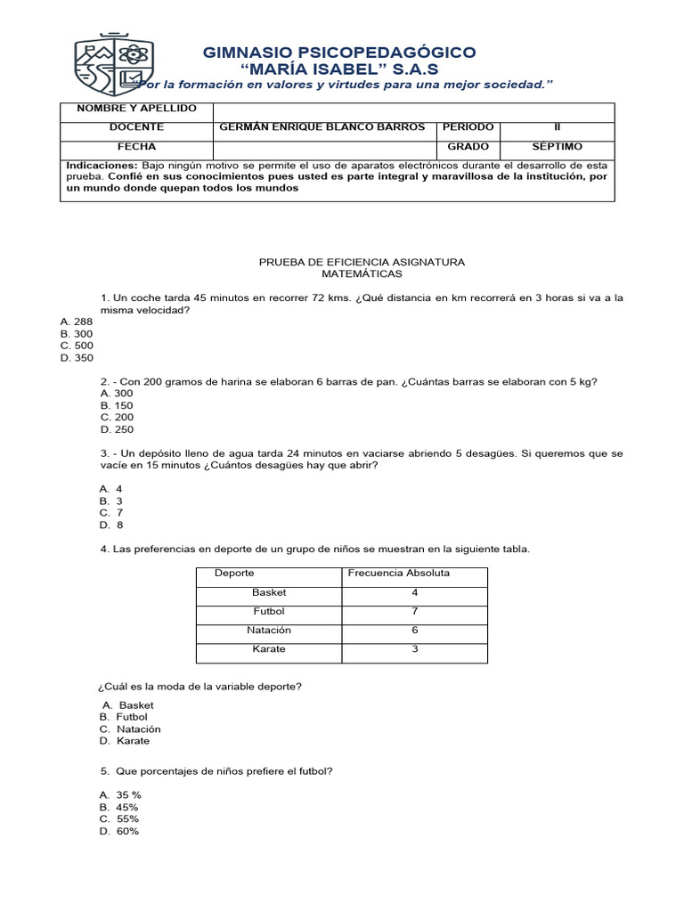 Prueba de Matemáticas Séptimo Grado | PDF