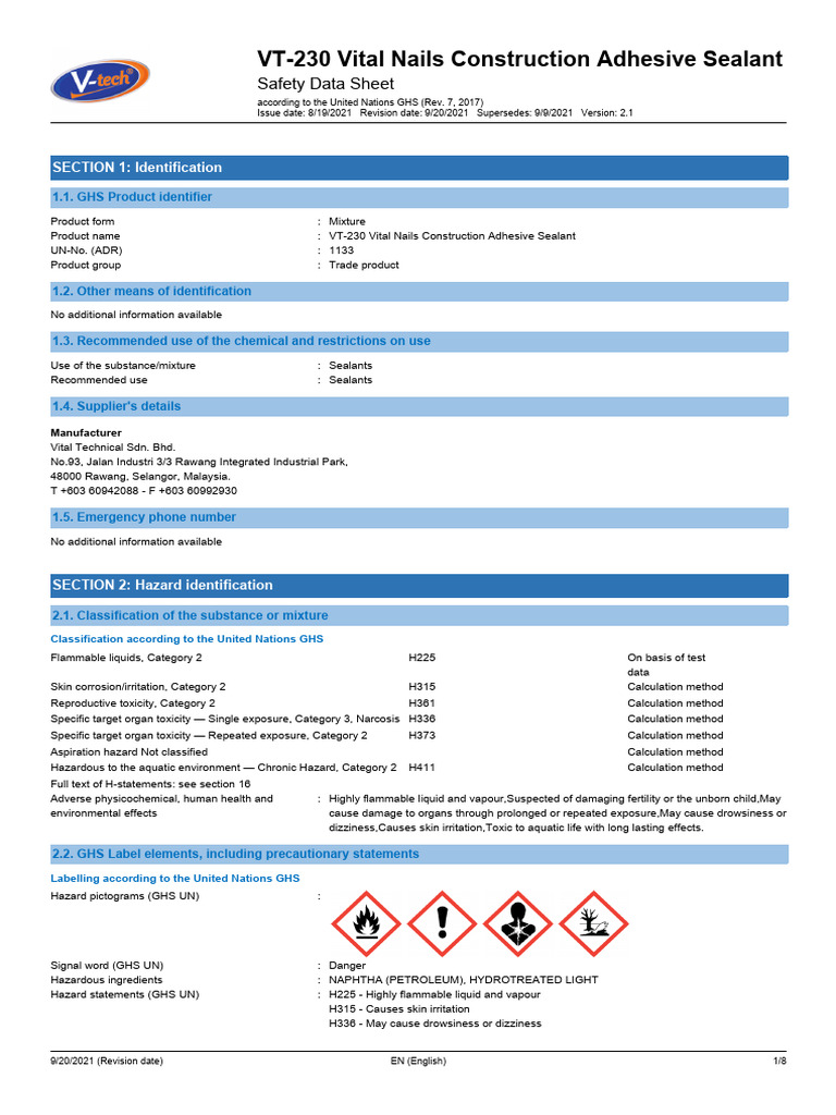 VT-230 Vital Nails Adhesive SDS | PDF | Toxicity | Safety