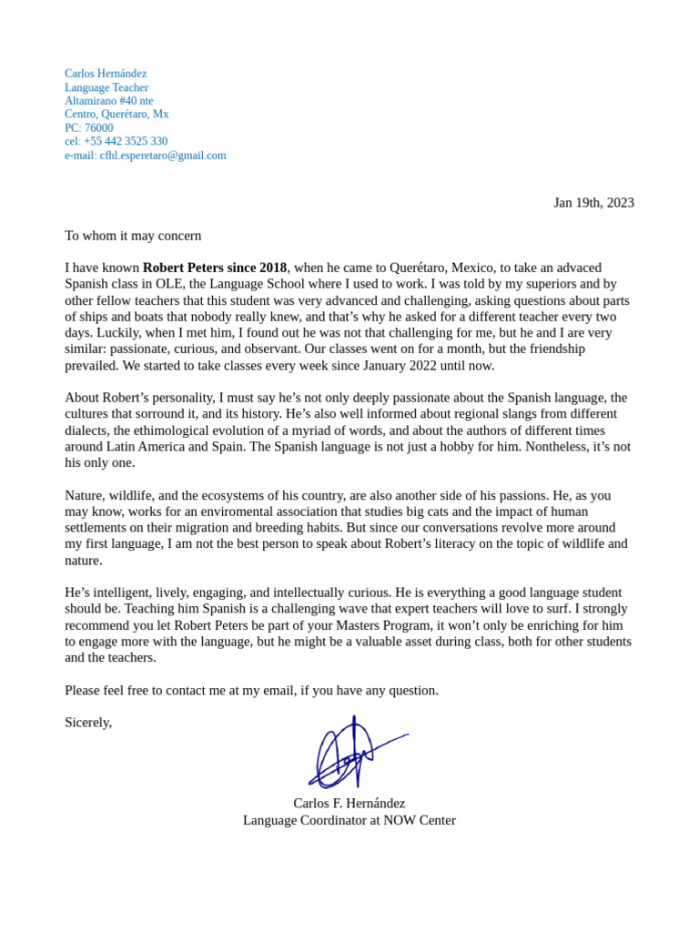 Recommendation Letter - Robert Peters | PDF