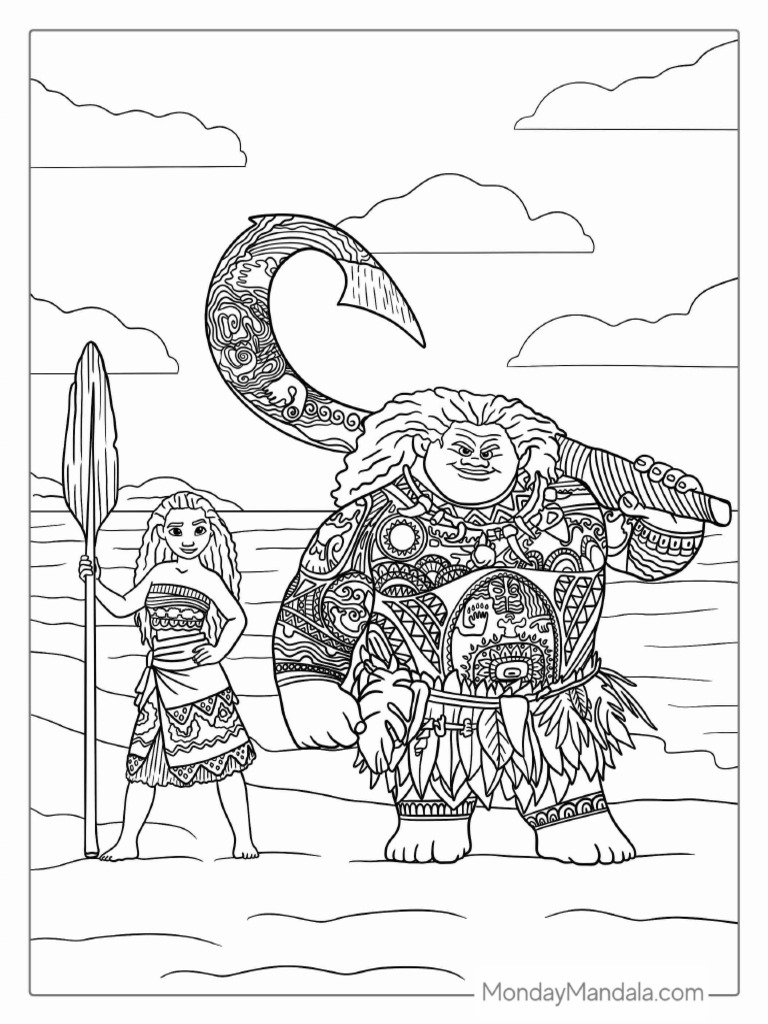 Coloring Page of Moana and Maui On The Beach | PDF