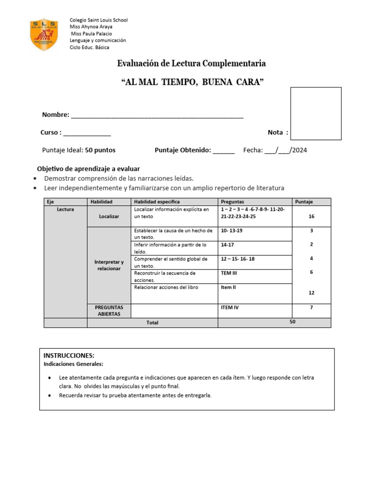 Lectura Complementario Al Mal Tiempo Buena Cara 3ro | PDF