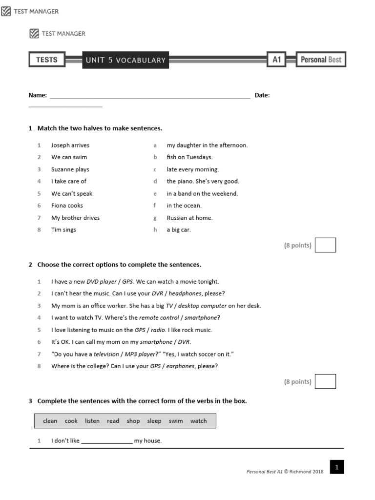 Personal Best A1 Unit 5 Vocabulary Test | PDF | Smartphone | Telephone