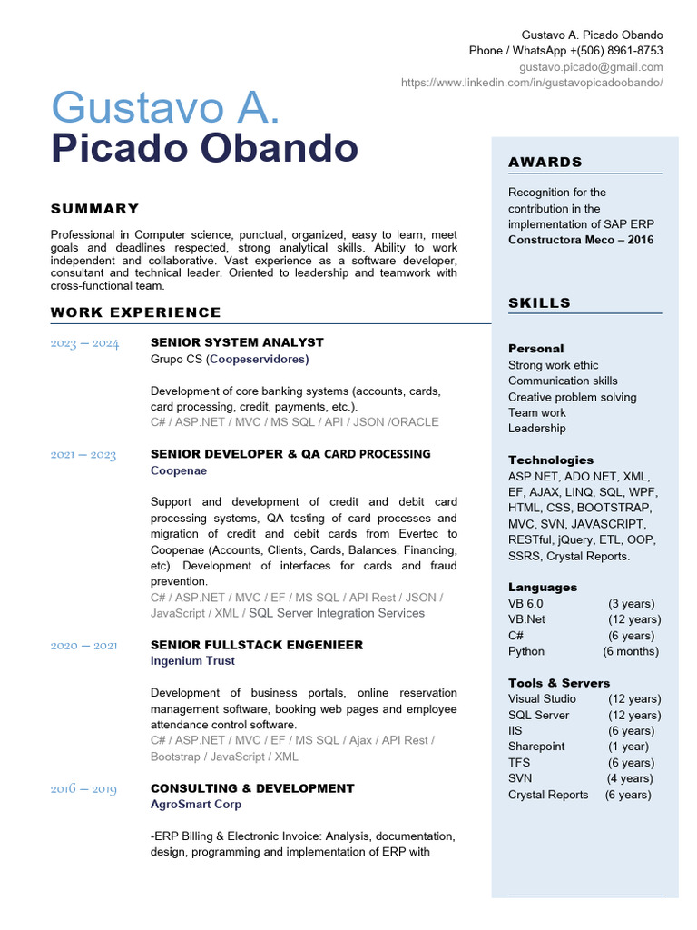 CV Gustavo Picado 2024 | PDF | Microsoft Sql Server | Ajax (Programming)