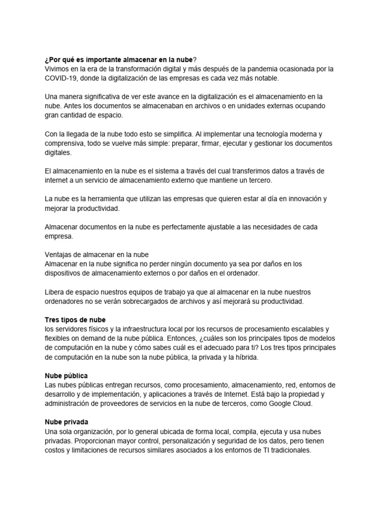 ¿Por Qué Es Importante Almacenar en La Nube | PDF | Computación en la ...