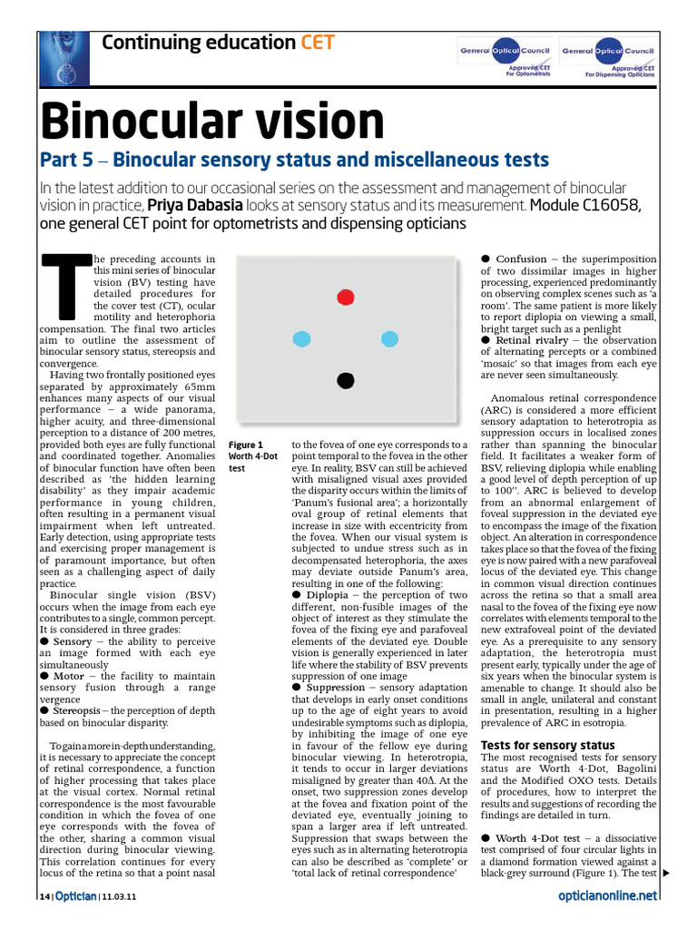2011 - Binocular Sensory Status and Miscellaneous Tests | PDF | Vision ...