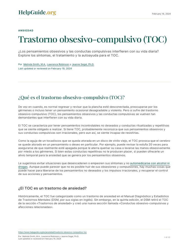 + Trastorno Obsesivo-Compulsivo (TOC) | PDF | Desorden obsesivo compulsivo | Ansiedad