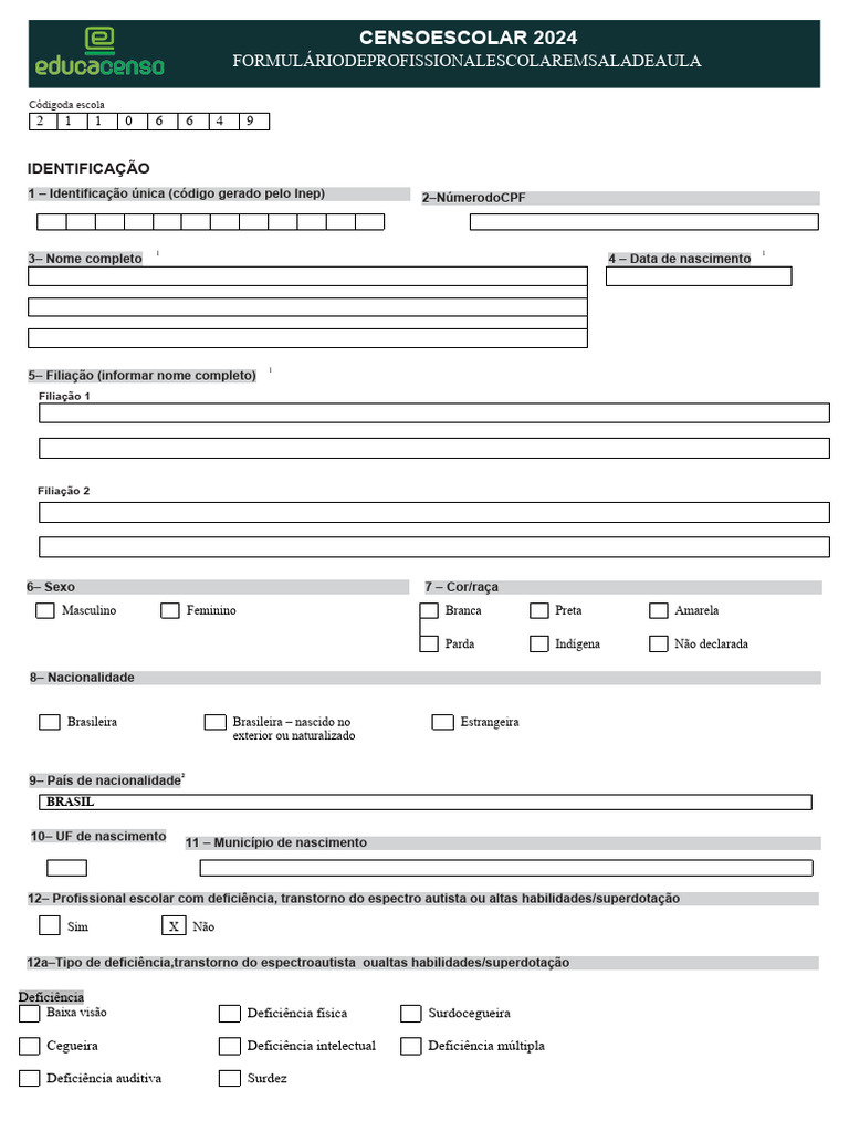 Profissional Escolar (Modelo) - CENSO ESCOLAR 2024 | PDF | Pós ...
