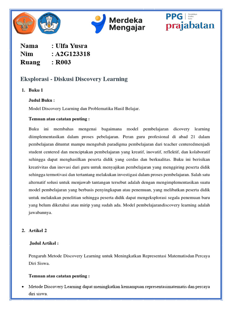 (Ulfa Yusra) Eksplorasi - Diskusi Discovery Learning | PDF
