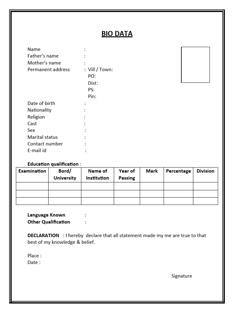 Simple Bio Data Format Template | PDF | Social Science | Wellness