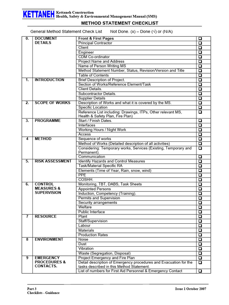 07_H Method Statement Checklist | PDF | Safety | Occupational Safety ...
