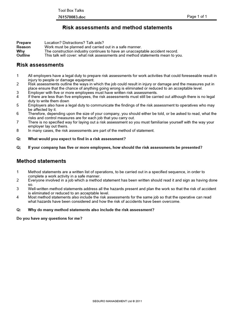Risk Assessment & Method Statements | PDF | Risk | Risk Assessment
