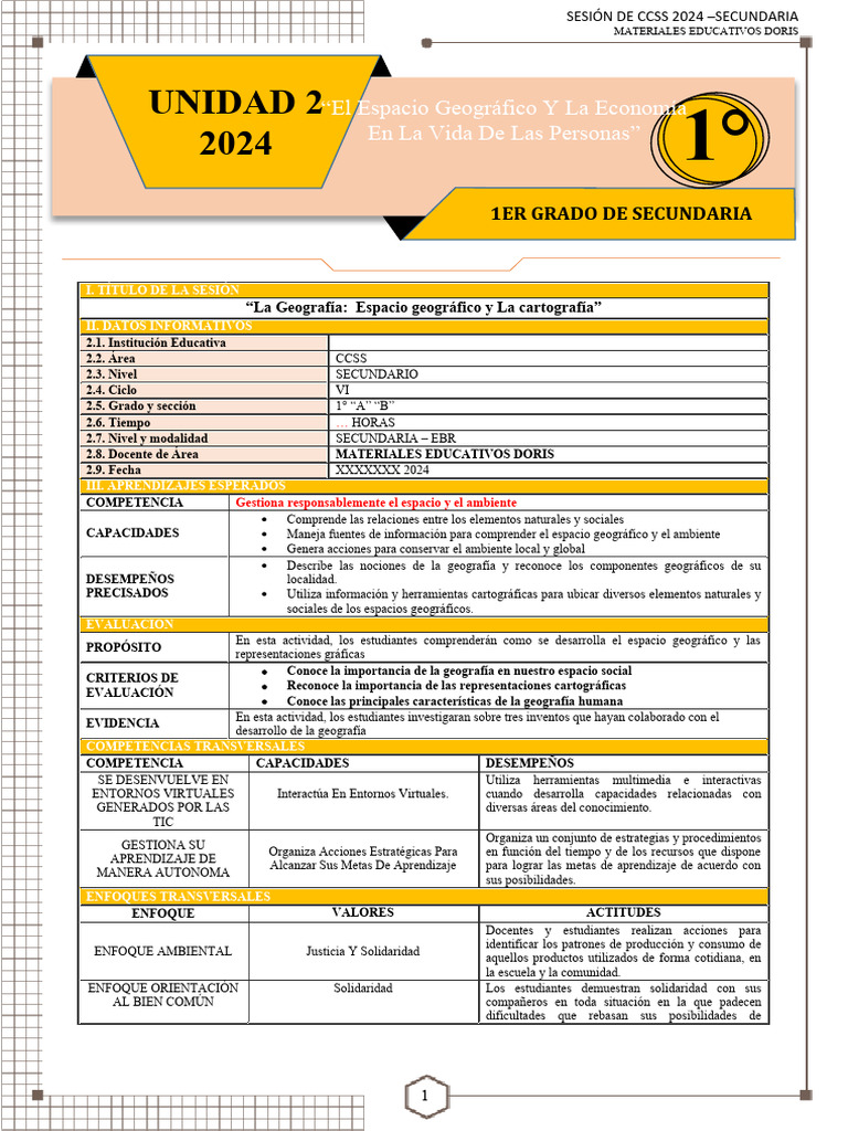 1º Sesiones Sem 1 Uni 2 - Ccss 2024 | PDF | Enseñando | Aprendizaje