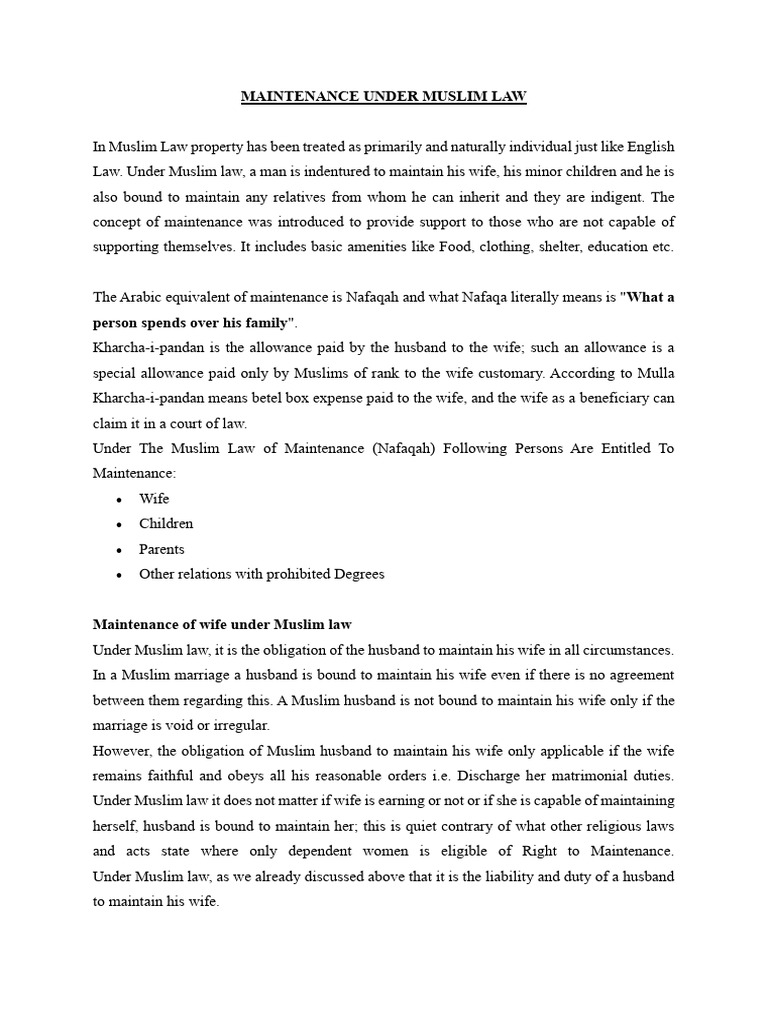 Maintenance Under Muslim Law | PDF | Divorce | Marriage