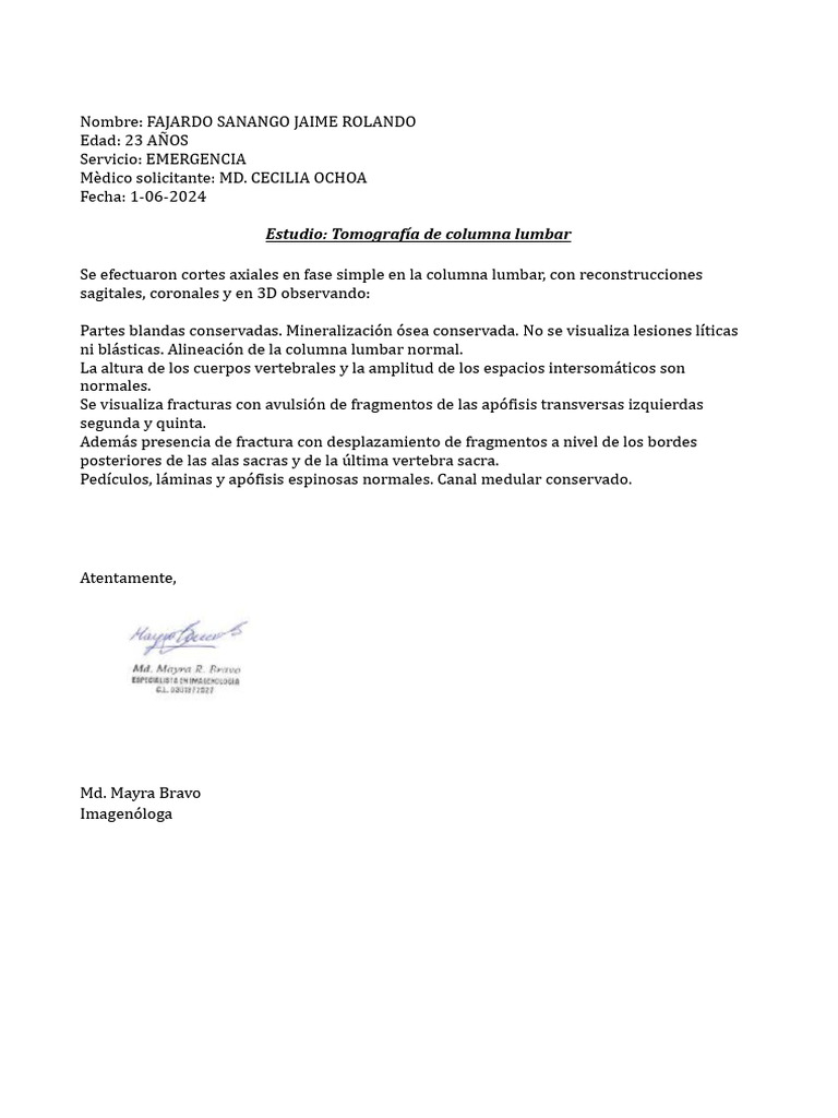 Fajardo Sanango Jaime Rolando (TC Columna Lumbar) | PDF