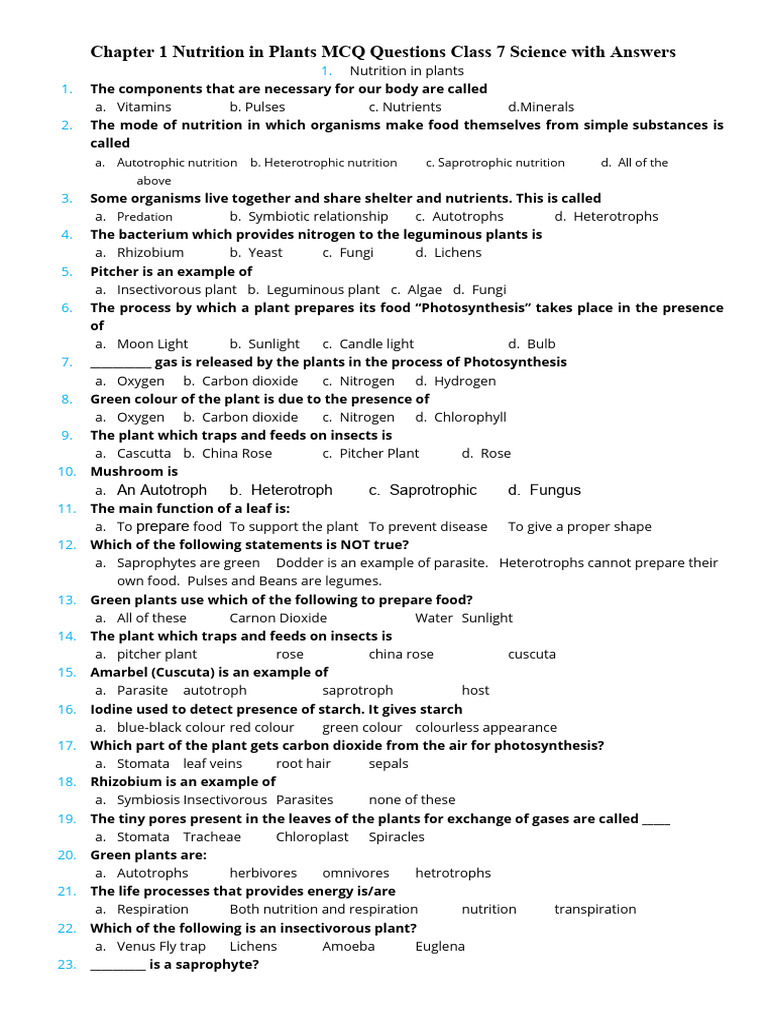 Chapter 1 Nutrition in Plants MCQ Questions | PDF | Plants | Nutrition