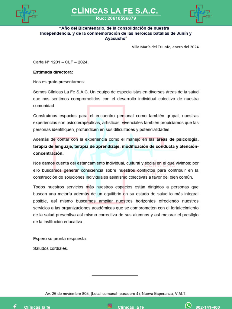 Formato Cartas para Ugel | PDF | Evaluación | Trastorno mental