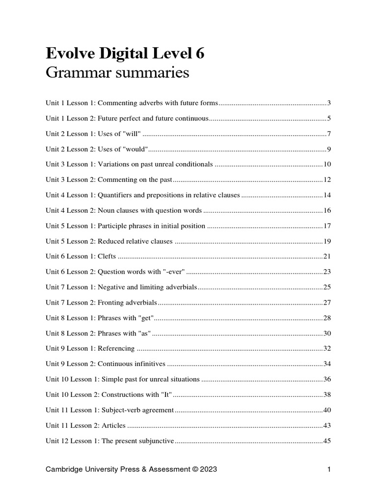 Evolve Level 6 Grammar Overview | PDF | Verb | Grammatical Number
