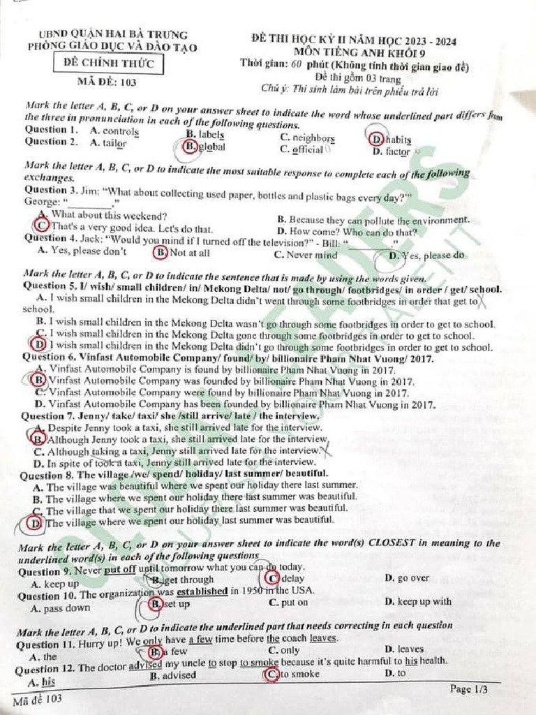 HK2 QUẬN HBT 2023-2024 | PDF