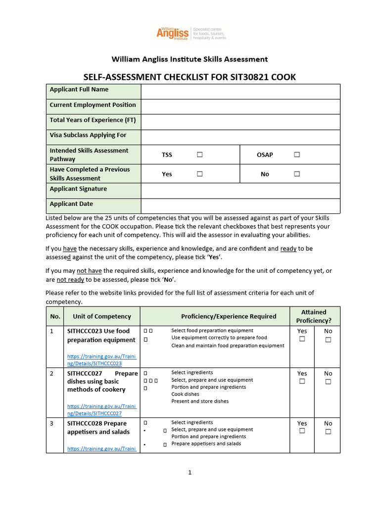 Cook Skills Assessment Checklist | PDF | Cooking | Food Safety