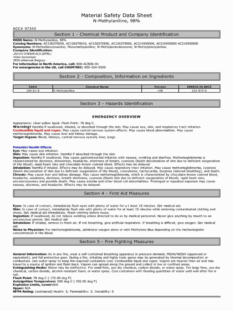 N-Methylaniline CAS 100-61-8 - MSDS | PDF