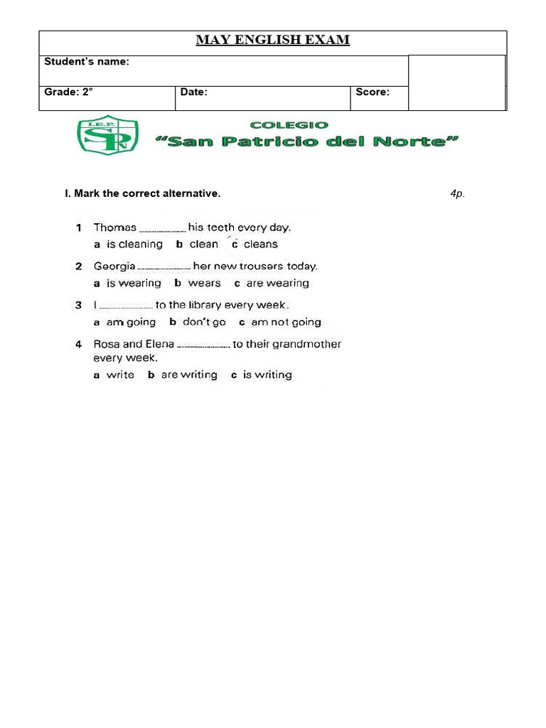 Grade 2 May English Exam Template | PDF