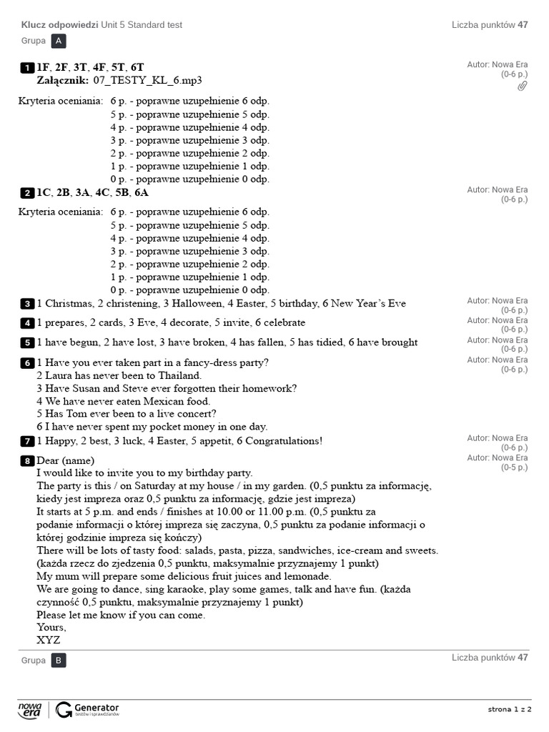 Unit 5 Standard Test Klucz Odpowiedzi | PDF
