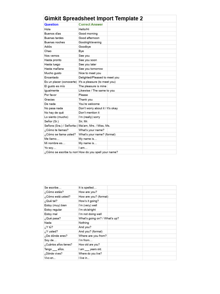 Gimkit Spreadsheet Import Template 2 - Sheet1 | PDF