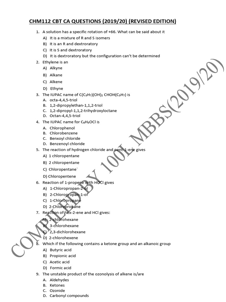 CHM112 CBT CA Questions | PDF | Alkene | Methyl Group